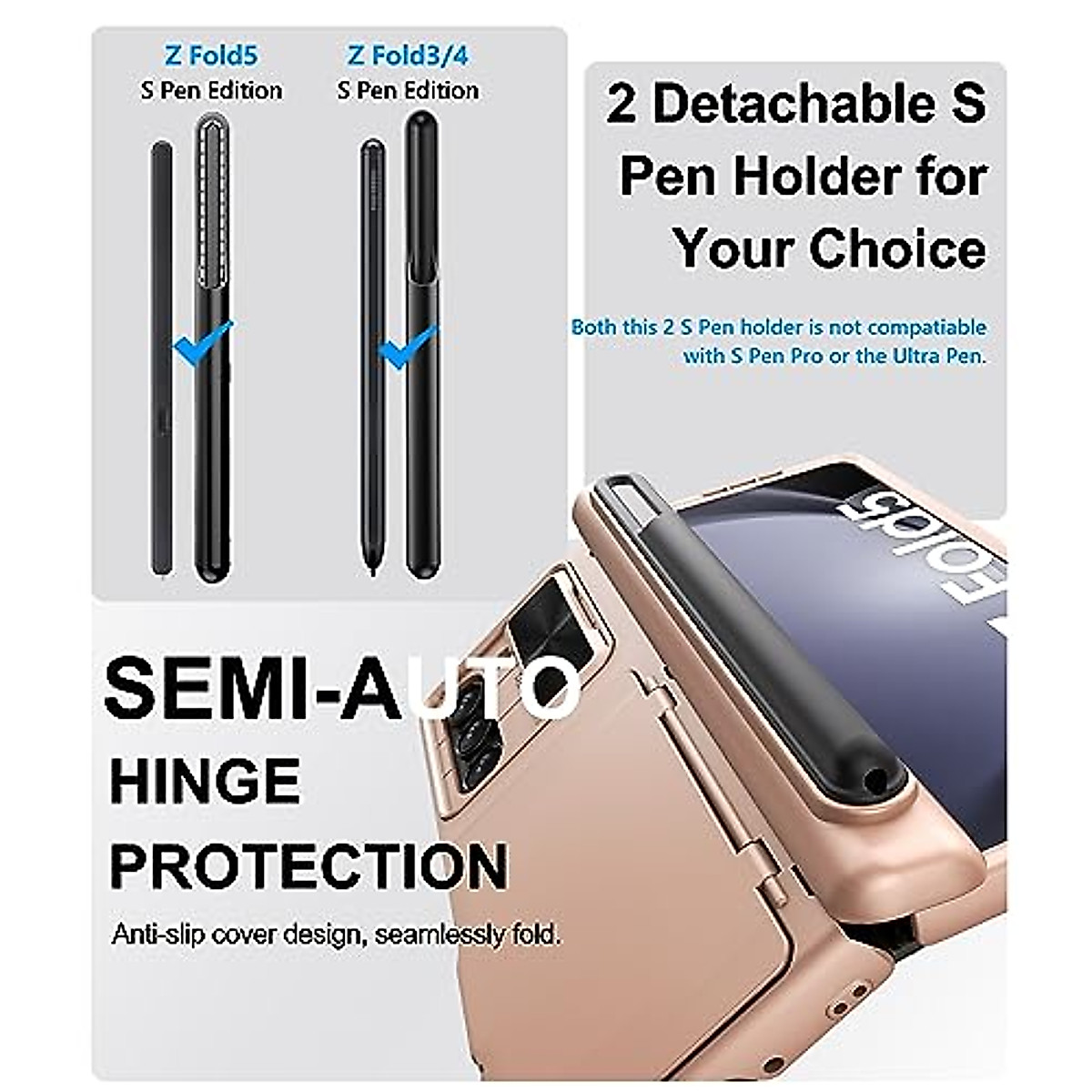 SIXBOX for Galaxy Z Fold 5 Case with Card Holder & Screen Protector & S Pen Holder & Slide Camera Cover & Hinge Protection, Shockproof Wallet Phone Case for Samsung Z Fold 5 2023, Rose Gold