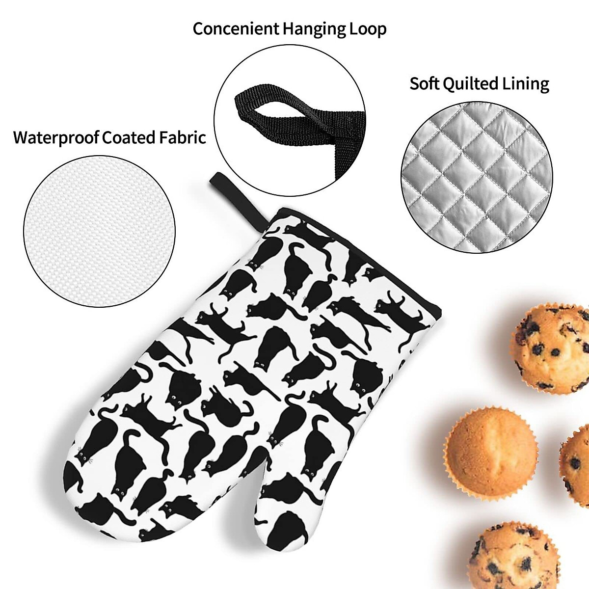 Black Cat Oven Mitts and Pot Holders Set of 4 Washable Heat Resistant Kitchen Gloves Waterproof Oven Gloves and Hot Pads for Cooking Grilling BBQ Baking