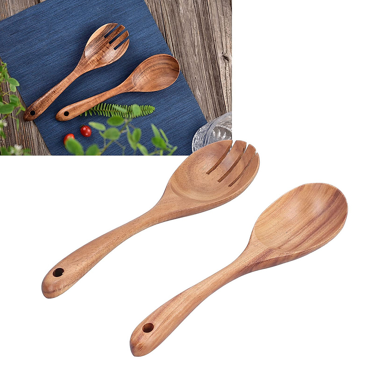 2Pcs / Set Wooden Mixing Spoon Fork with Hanging Holes, Ergonomic Design, Ideal for School Office Festival Use