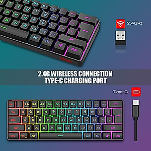 RedThunder 60% Wireless Gaming Keyboard, Rechargeable RGB Backlit Ultra Compact Mini Gaming Keyboard, Ergonomic Waterproof Mechanical Feeling Keyboard for PC, MAC, Laptop, PS4, PS5, Xbox ONE Gamer