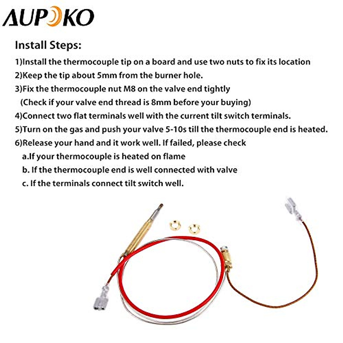 Aupoko Patio Heater Thermocouple, Outdoor Heater Replacement Parts M8 x 1 End Connection Nuts Thermocouple 410 mm Length M6 x 0.75 Head Thread with 6.3 MM/0.25'' Flat Terminal