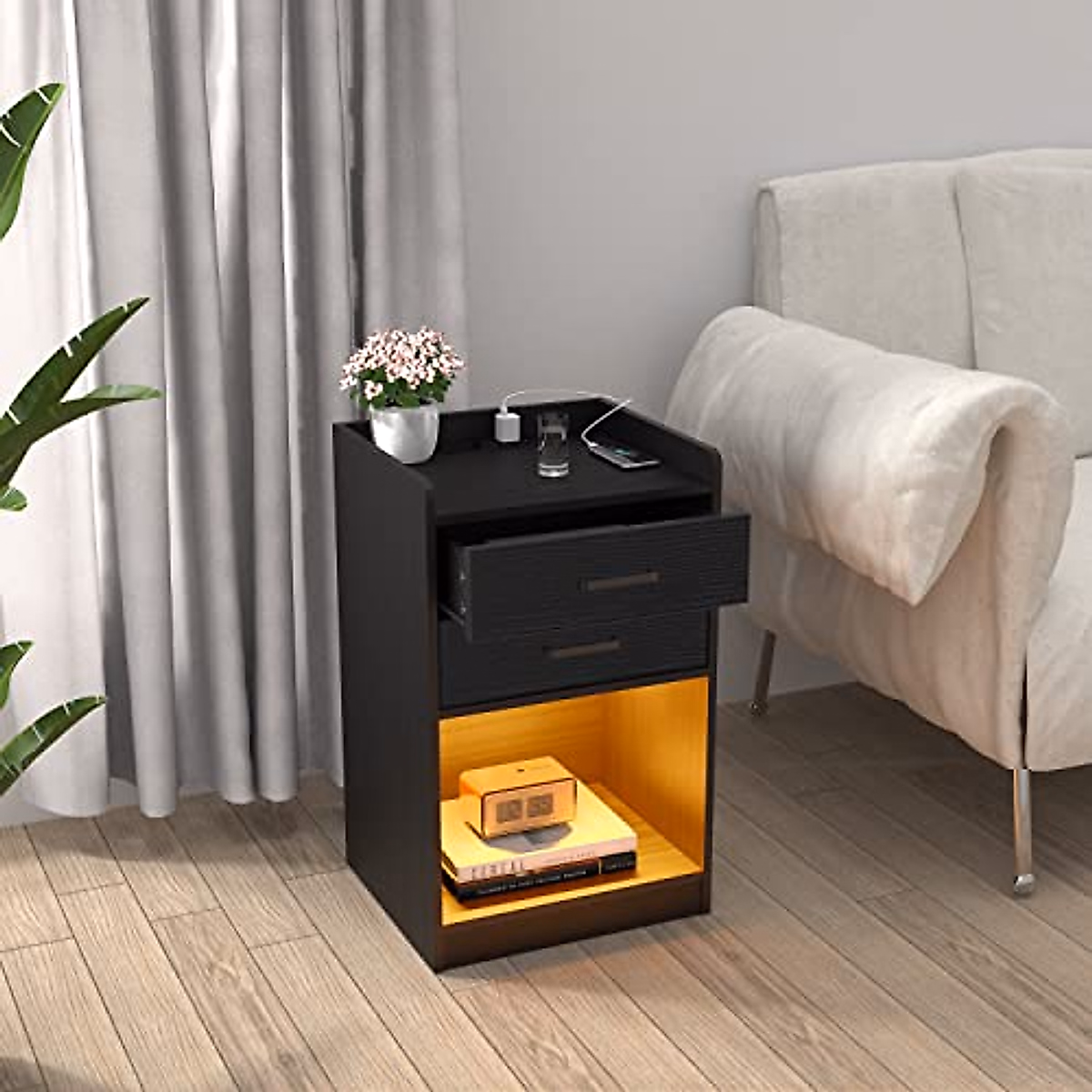 TOLEAD Nightstand with Charging Station and LED Lights, Modern End Side Table Bedside Table with 2 Drawers, Nightstand Storage Cabinet for Bedroom, Black