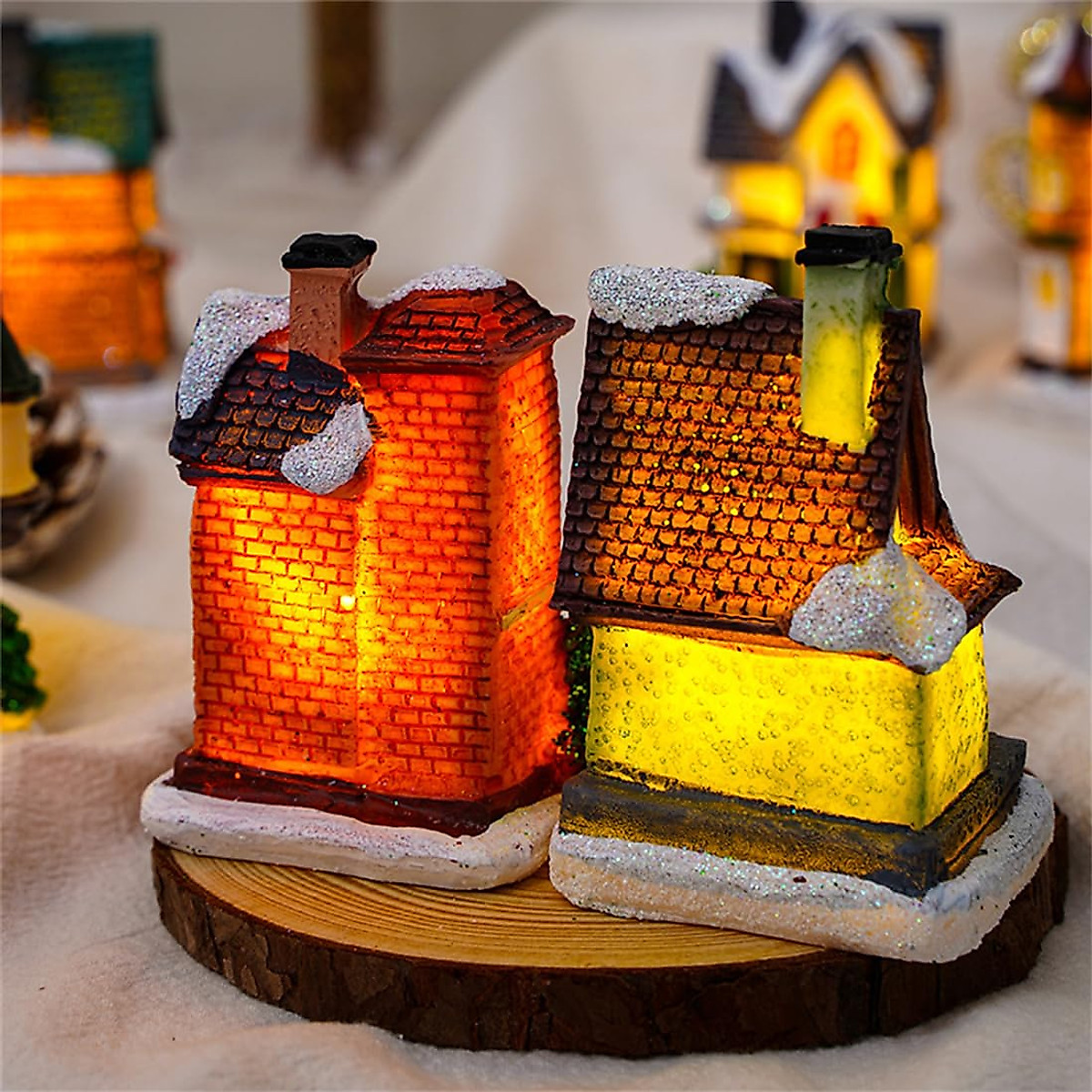 Christmas Village Sets LED Lighted Christmas Village Houses with Figurines, Christmas Village Collection Indoor Room Decor Collectible Buildings (6 Pack)