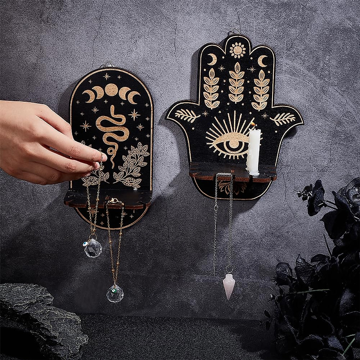 CRASPIRE 2 Sets Small Crystal Shelf Black Hamsa Hand Wooden Display Shelf Holder Evil Eye Magical Witch Stuff Boho Rustic Altar Divination Pendulum Storage Rack for Essential Oil Decor