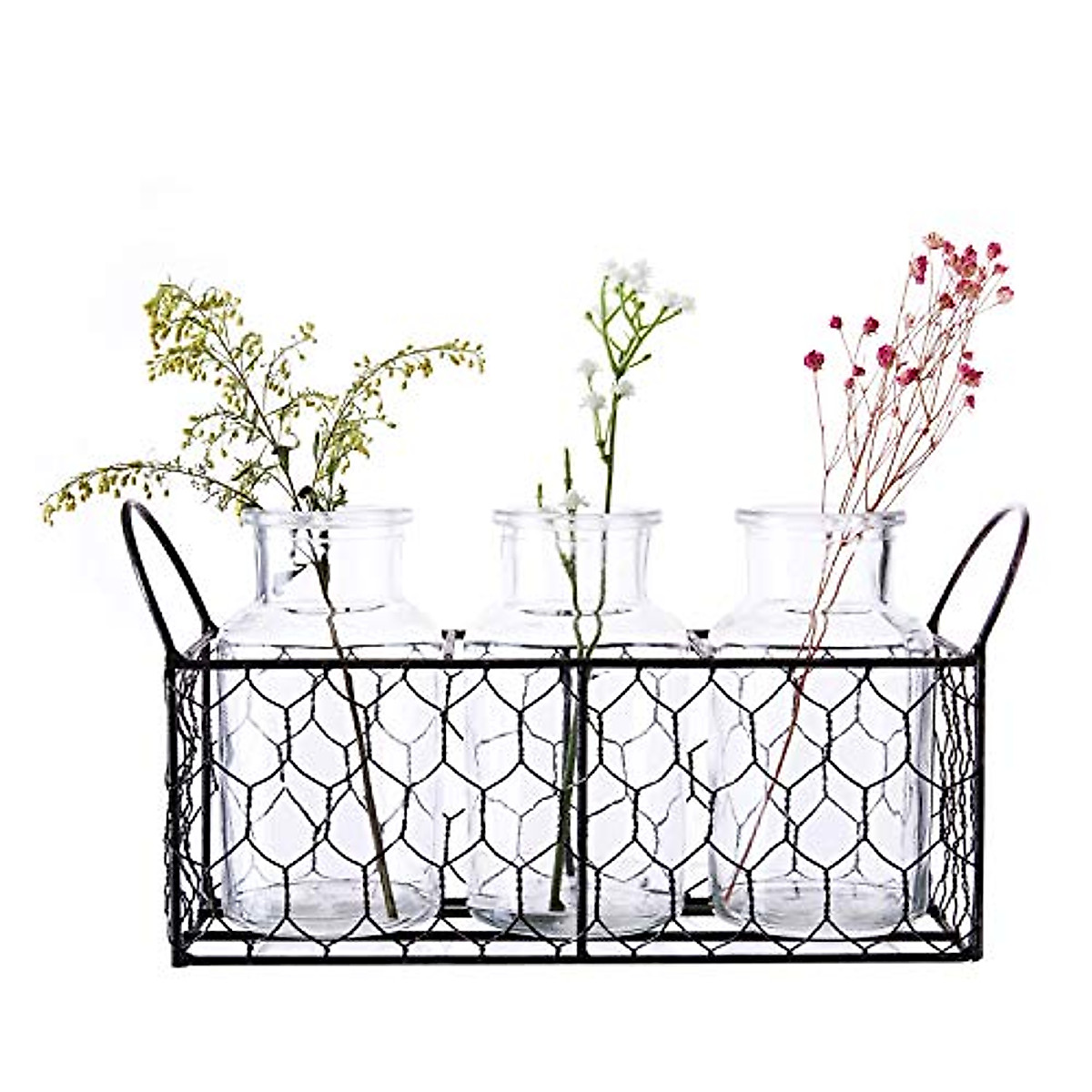 Diamond Star 3Pcs Clear Glass Milk Bottle Vases in Basket Caddy Vintage Style Jars Sets (3Pcs , 11"L X 3"W X 5.5"H)