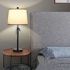 Table Lamps for Living Room Set of 2, Modern Bedside Lamps for Bedroom Height Adjustable Desk Lamp Dimmable Black Nightstand Lamps with Beige Lampshade, Pull Chain Table Lamp for Office Restaurant