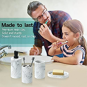 Bathroom Accessories Set 4 Pcs Marble Look Resin Vanity Counter Countertop Accessory Sets Soap Dispenser Dish Toothbrush Holder Restroom Apartment Decor Stuff Kits Women Men Gift White