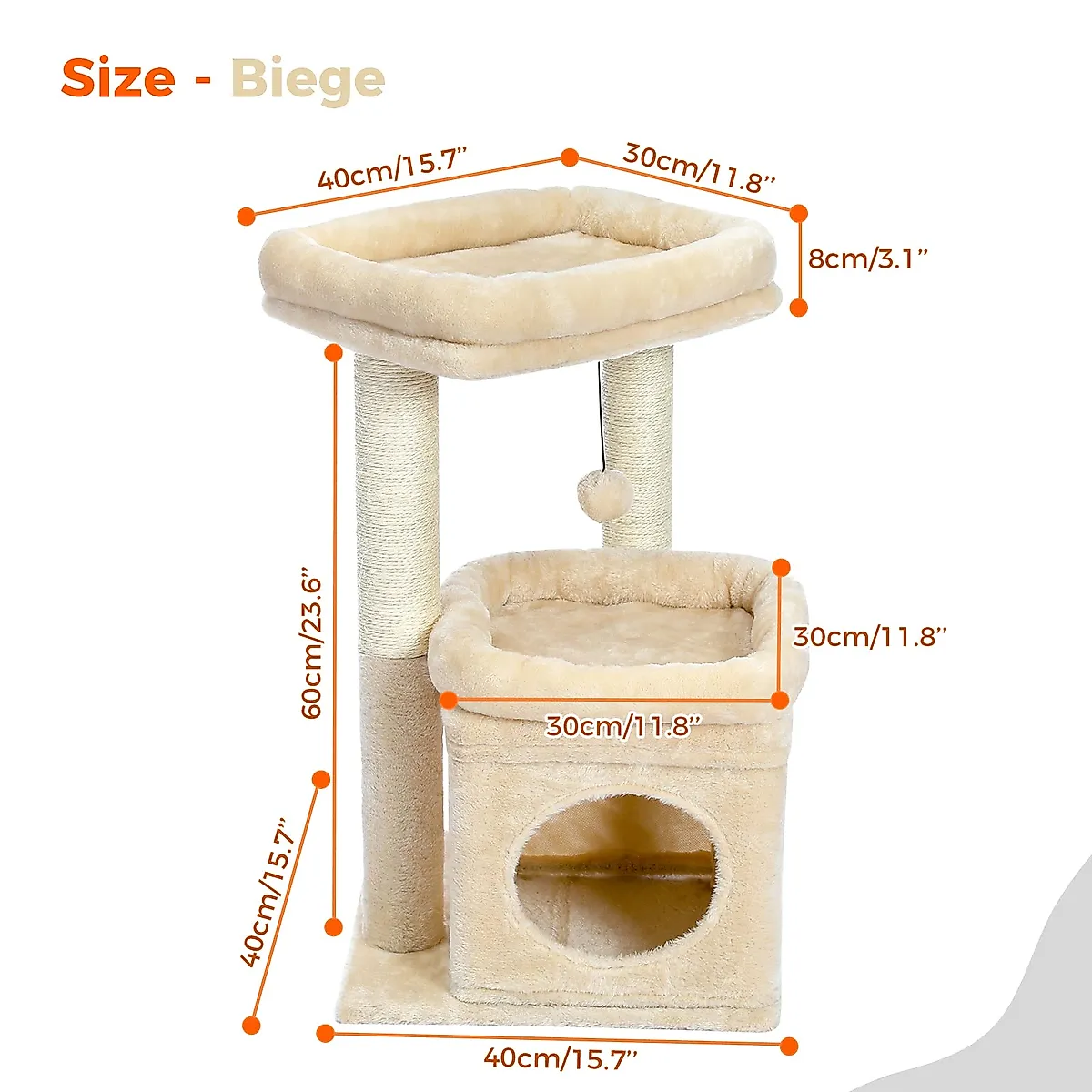 PEQULTI Cat Tree Cat Tower for Indoor Cats with Private Cozy Cat Condo, Natural Sisal Scratching Posts and Plush Pom-pom for Small Cats,Beige