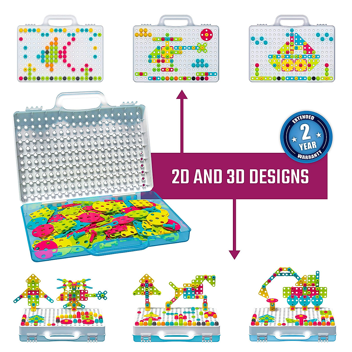 249 PCS STEM Learning Toys – Electric Drill DIY Educational Set, Creative Engineering with Various Shapes and 5 Toy Tools – 2&3D Mosaic Construction Kit for Toddlers, Boys and Girl Ages 3 4 5 6 7 8 9