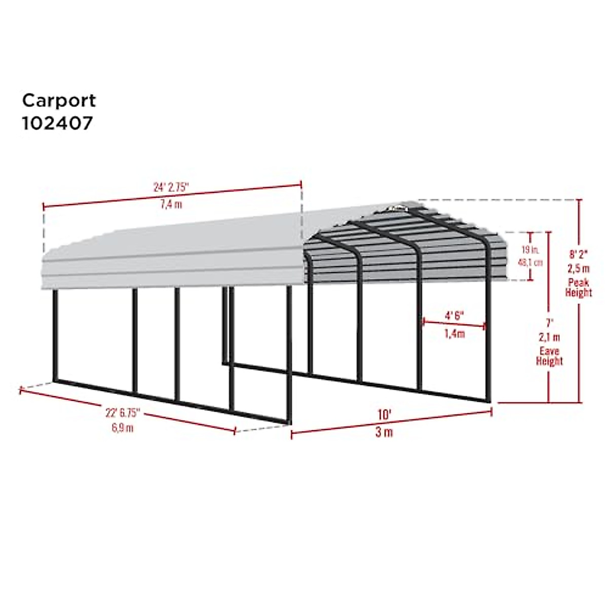 Arrow CPHC102407 Heavy Duty Galvanized Steel Metal Multi-Use Shelter, Shade, Carport, 10' x 24' x 7'