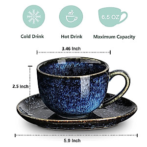 vicrays 6.5 oz Cappuccino Cups with Saucers, Set of 4, Ceramic Coffee Cup for Au Lait, Double shot, Latte, Cafe Mocha, Tea (Starry Blue)