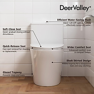 DeerValley DV-1F52807 Symmetry One Piece Toilet Elongated, Small Toilet Compact Modern One Piece Toilet with Soft Close Toilet Seat Ceramic Glossy White Toilets Single Flush for Small Bathroom Space