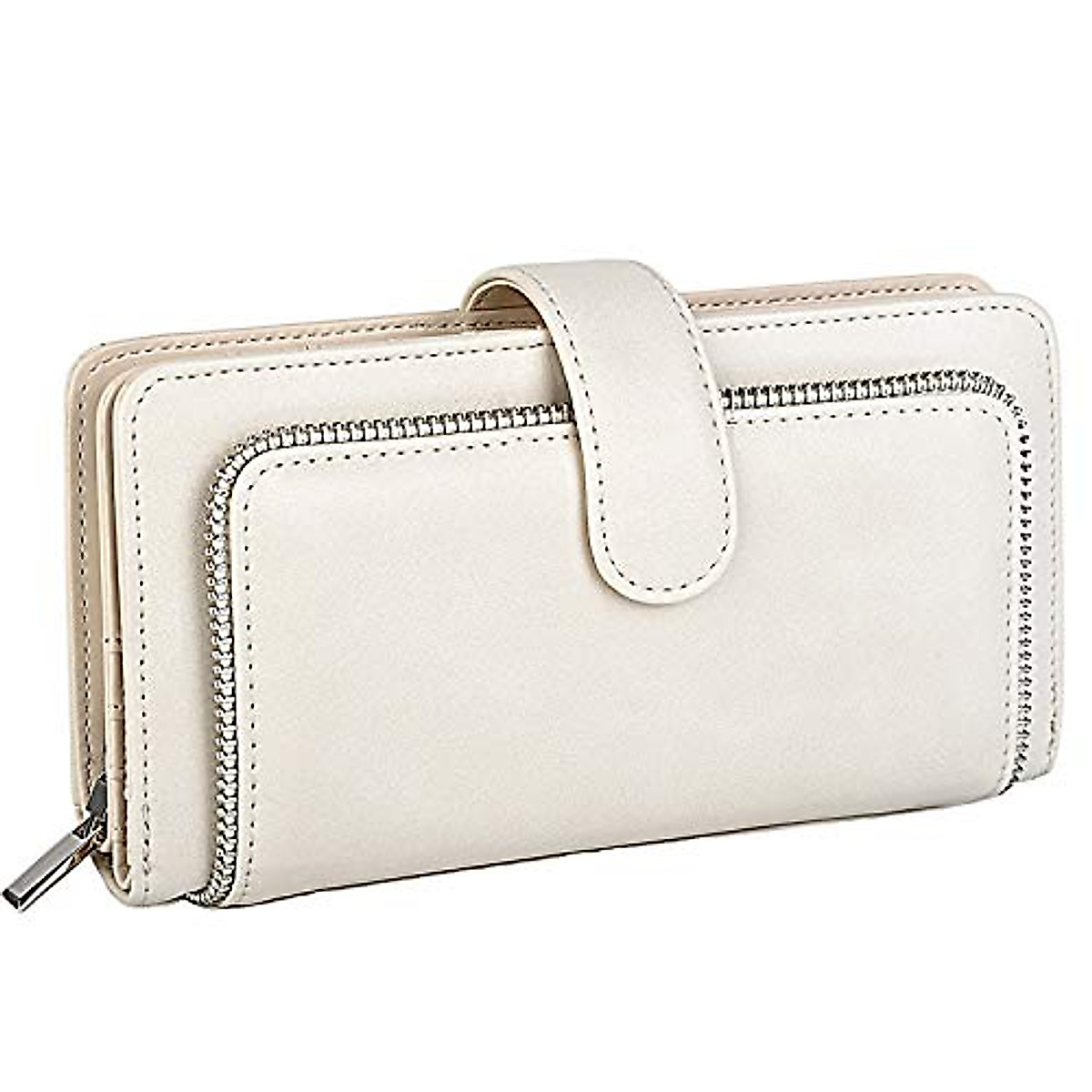 UTO Women PU Leather Wallet RFID Blocking Large Capacity 15 Card Slots Smartphone Holder Snap Closure D White