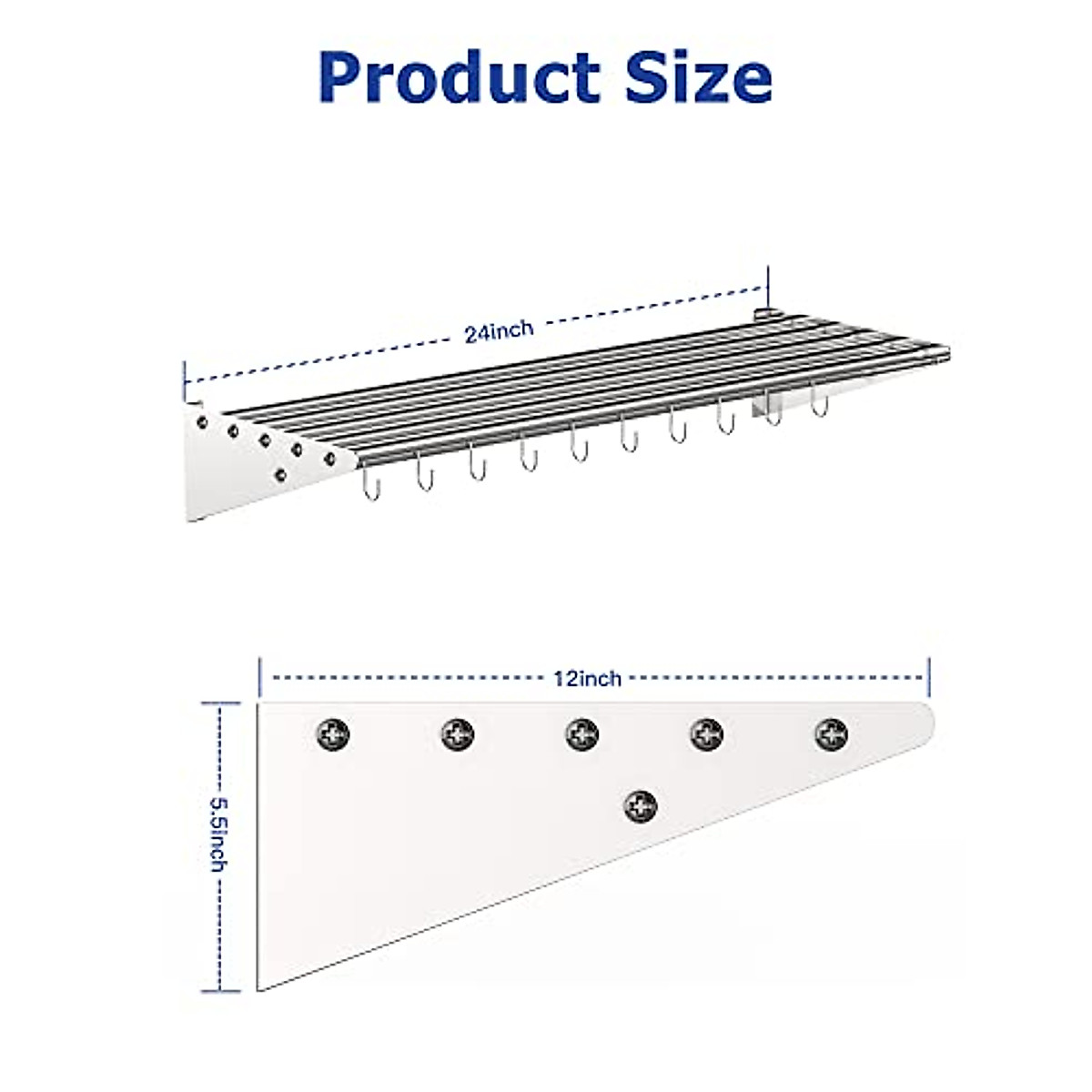 MegaChoice Stainless Steel Wall Shelf, 12'' x 24'', 145 lbs Load NSF Heavy Duty Commercial Wall Mount Shelving with 10pcs Hook, for Restaurant, Home, Kitchen, Hotel, Laundry Room, Bar