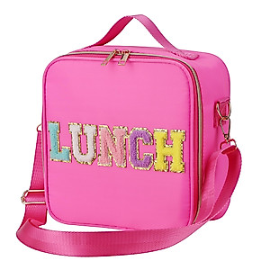 Lunch Bag for Women, Insulated Lunch Box for Girls, Personalized Preppy Lunch Box with Adjustable Shoulder Strap, Reusable Lunch Tote Bag with Letter for Kids Adult, School Office Picnic(rosy red)