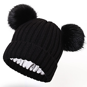Roniky Womens Winter Hat Cable Knit Silk Satin Lined Beanie for Women Girls Double Faux Fur Pom Pom Ears Black