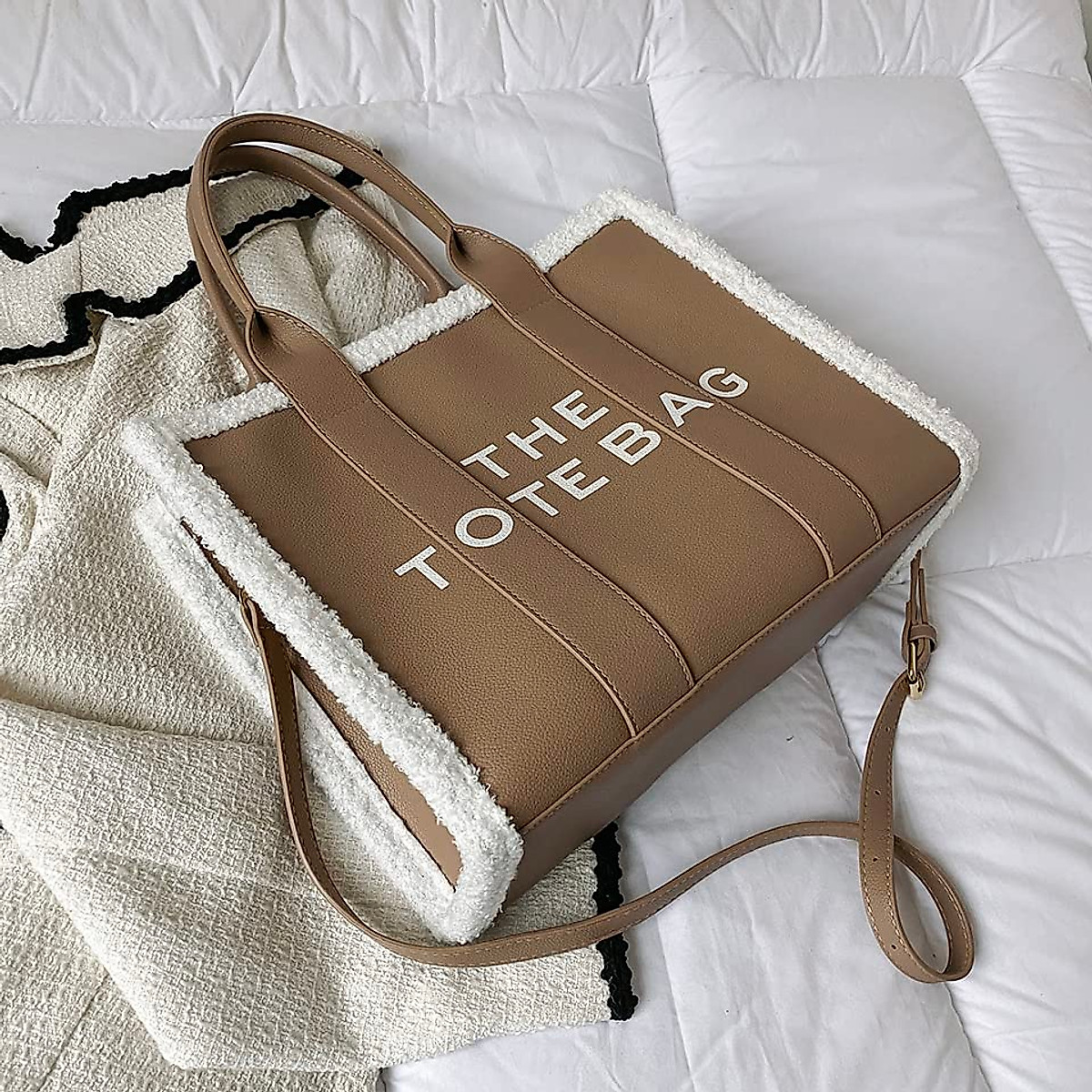 Tote Bag for Women, Large PU Leather Tote Bag with Lamb Wool, Crossbody/Handbag for Travel/Work/School (khaki)