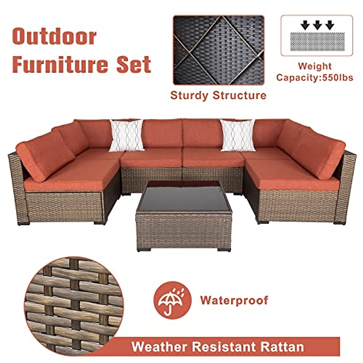 7 Pieces Outdoor Patio Sectional Sofa Set,Brown Wicker Furniture Set, Washable Seat Cushions with Zippers and Tempered Glass Table, Maple Red Cushion