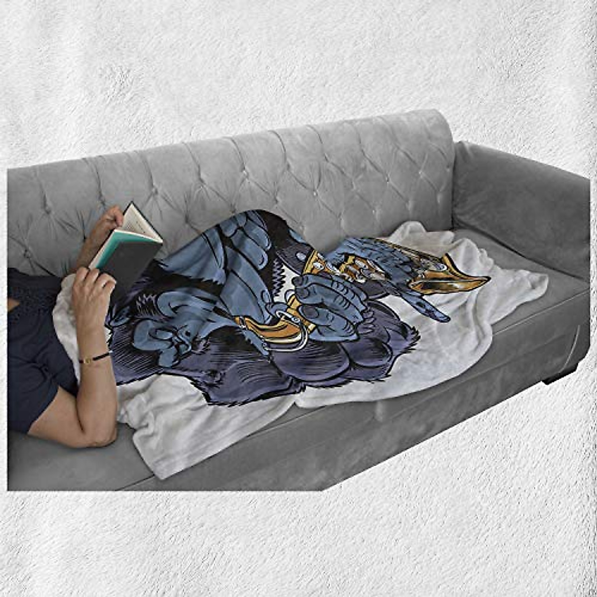 Lunarable Gorilla Throw Blanket, Muscular Build Cartoon Mammal Monkey Playing Saxophone Jazz Musiciannimal, Flannel Fleece Accent Piece Soft Couch Cover for Adults, 50" x 70", Multicolor
