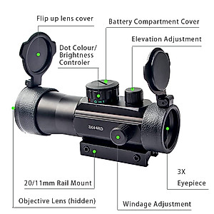 MOSANDON 3X44mm Red Green Dot Sight Scope,3X Eyepiece Reflex Sight with Lens Cap for 20mm/11mm Weaver Picatinny Rail Mount