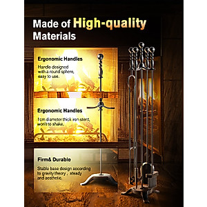 COMFYHOME 5-Piece Fireplace Tools Set 32'', Heavy Duty Wrought Iron Fire Place Tool w/Long Fire Poker, Shovel, Tongs, Brush, Stand for Outdoor Indoor Chimney,Stove, Fire Pit Easy to Assemble,Black