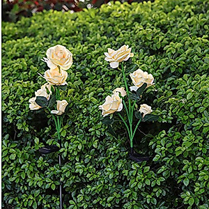 HDNICEZM Solar Garden Lights Outdoor Decorative - 2 Pack Upgraded Realistic 5 Rose Flowers Lights LED Solar Stake Lights Waterproof for Garden Backyard Patio Pathway Courtyard Decoration (Yellow)