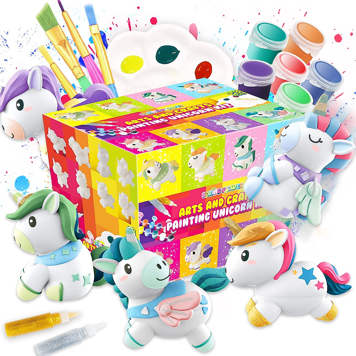 SpringFlower Unicorn Gift Toys for 3 4 5 6 7 8 Years Old Girls - Unicorn Arts and Crafts Painting kit Including 8 Cute Looking Unicorn Figures, DIY Creative Christmas Gift for Kids