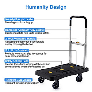 HBFBDRCT Folding Hand Truck, 150kg/330 Lbs Heavy Duty Luggage Cart, Portable Utility Dolly Platform Cart with Adjustable Handle for Auto, Luggage, Personal, Travel, Moving Shopping and Office Use