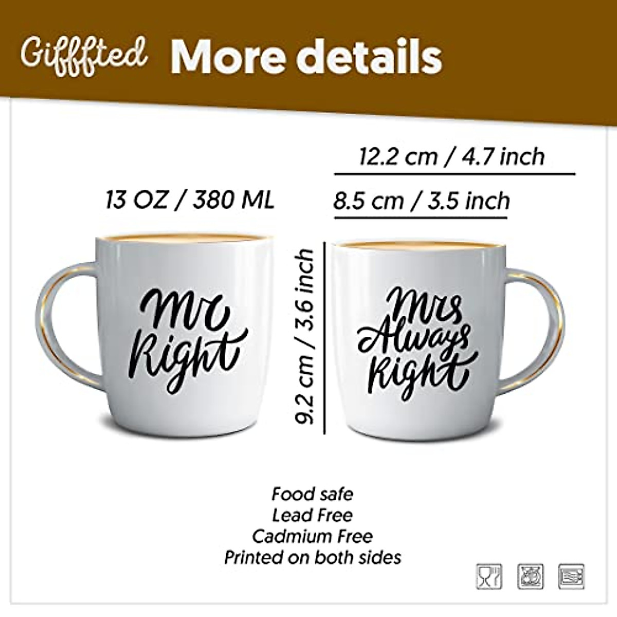 Triple Gifffted Mr Right Mrs Always Right Coffee Mugs Gifts Ideas for Couples, Wedding Anniversary, Engagement, Christmas, His & Hers, Bride and Groom, Parents, Newlyweds Bridal Shower, Ceramic 380ml