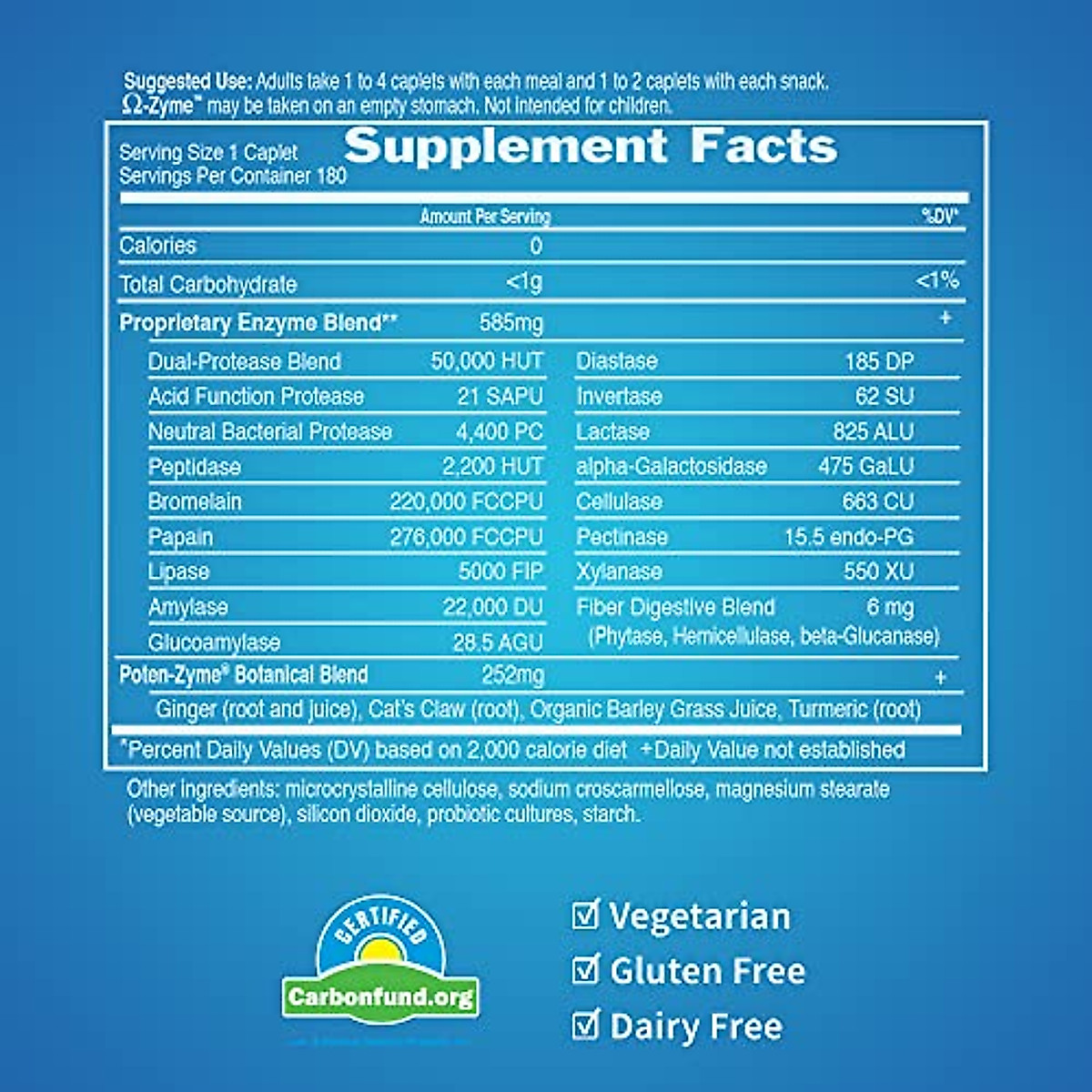 Garden of Life 20 Vegetarian Digestive Enzymes with Papain, Bromelain, Lipase & Organic Barley Grass, Ginger, Turmeric for Digestion of Protein, Carbs & Fats – Omega-Zyme - Gluten-Free, 180 Caplets