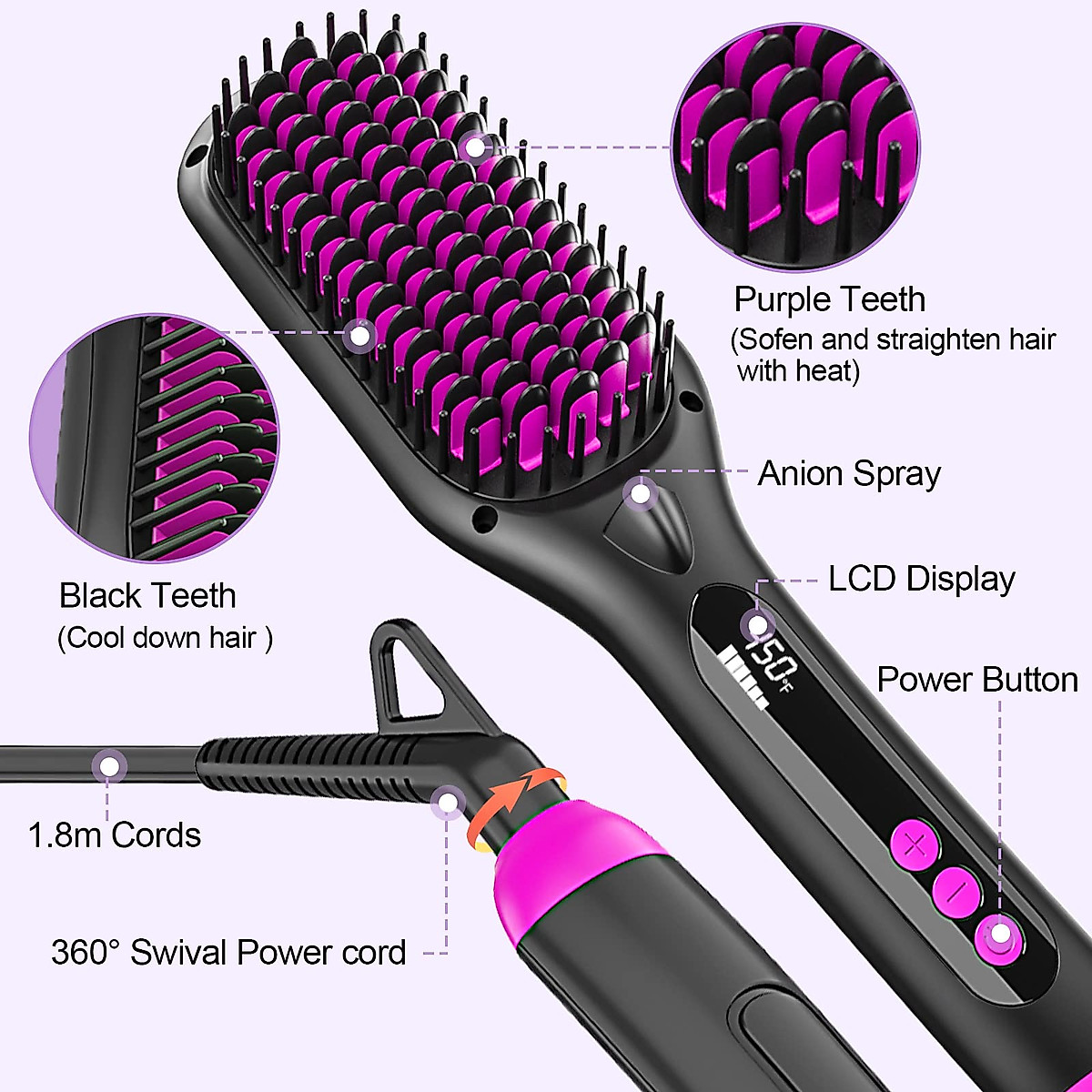 Hair Straightener Brush Hoxida Ionic Anti-Scald Straightening Comb Brush with MCH 30S Fast Heating, 16 Temp Setting Levels, Auto-Off,Hair Straightener Comb for Professional Salon at Home, Dual Voltage