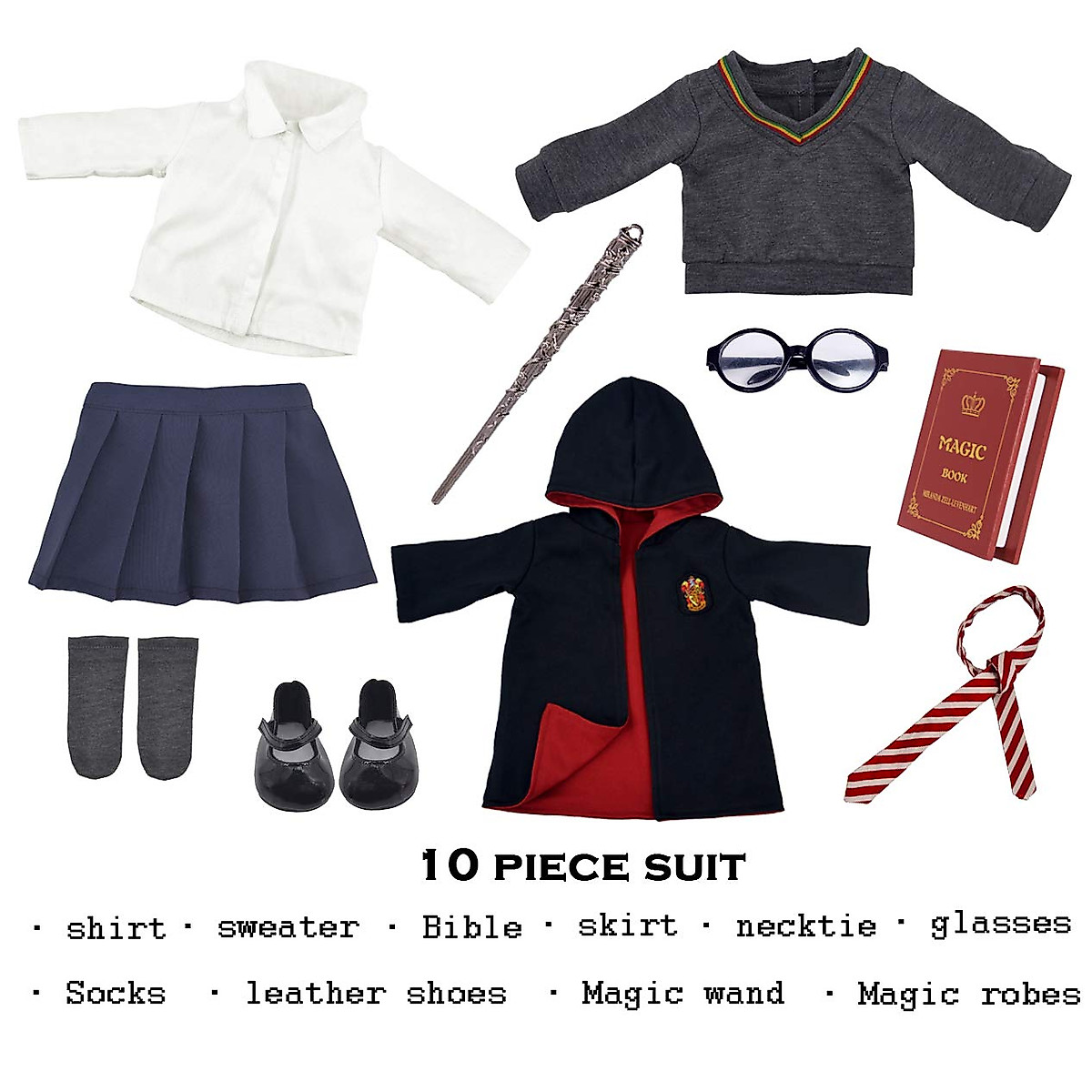 Magic School Uniform Inspired Costume Doll Clothes Clothing Outfits Accessories Set 10 Pcs for 18 inch Girl Dolls