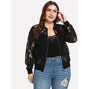 Floerns Women's Plus Size Sheer Floral Lace Long Sleeve Baseball Jacket Black 2XL