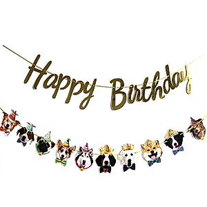 Dog Birthday Garland Funny Happy Birthday Banner Decor Puppy Face Bday Party Bunting Decorations Gold Birthday Sign