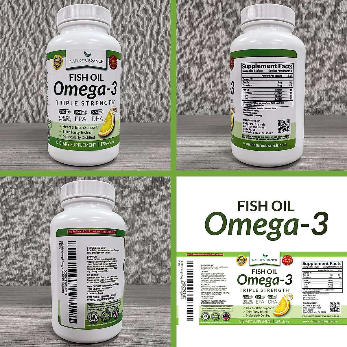 Best Triple Strength Omega 3 Fish Oil Pills 2400mg | 120 Capsules | Burpless High Potency Lemon Flavor | 864mg EPA 576mg DHA Ultra Pure Liquid Softgels | Brain Joints Eyes Hair Heart Health Supplement