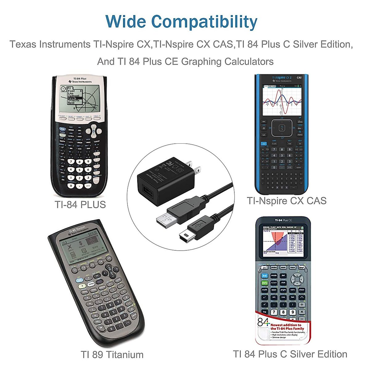 Charger for Texas Instruments TI-84 Plus CE Graphing Calculator,5Ft Data Cable for TI 84 Plus C Silver Edition Calculator,TI 89 Titanium,TI Nspire CX,TI Nspire CX CAS Graphing Calculator