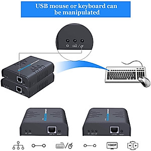 AGPTEK USB HDMI KVM Extender Over Single Cat 5/5E/6/7 Ethernet Cable- Signal Extension Up to 120m/365Ft- USB Keyboard Mouse Support- Adapter for Residential/Commercial Use