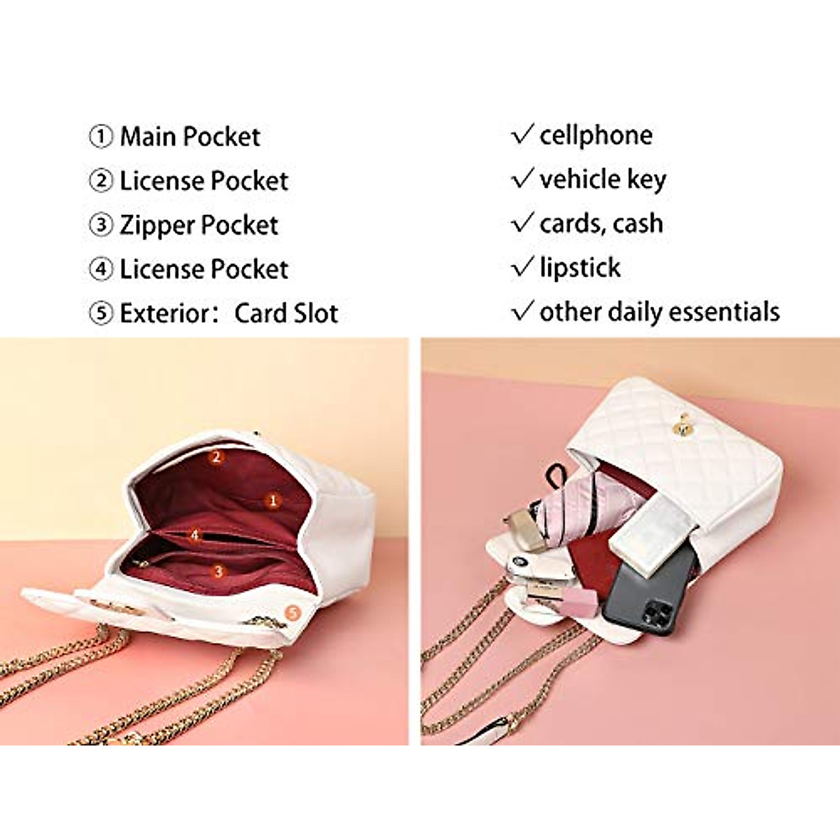 Plergi Small Genuine Leather Crossbody Quilted Handbag with Chain Strap Lightweight Cellphone Purse for Women