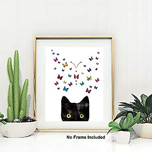 KAIRNE Black Cat With colorful Butterfly Art Print,Set Of 3(8”X10”) Watercolor Animals Canvas kitten Poster Rainbow Cat Painting,Modern Wall Art,Cat Gifts for Women,Girls Bedroom,House decor.