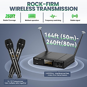 Wireless Microphone System Dual UHF Handheld Cordless Mic Set Work Range 180ft Dynamic Microphone with XLR & 1/4 inch Jack for Church Karaoke Machine Speech Wedding Party Singing