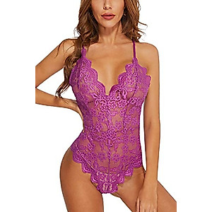 ADSEXY Lace Bodysuit for Women Sexy Eyelash Lingerie Teddy Nightwear Deep V Babydoll One Piece Chemise Boudoir Outfits Purple