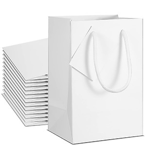 Mini Gift Bags Bulk 50 Pack 5.3 x 3.7 x 8.1 Inches Small Glossy White Paper Bags with Gift Tags Handle Gift Wrap Euro Totes for Christmas Birthday Party Favor, Wedding, Baby Shower Gifts
