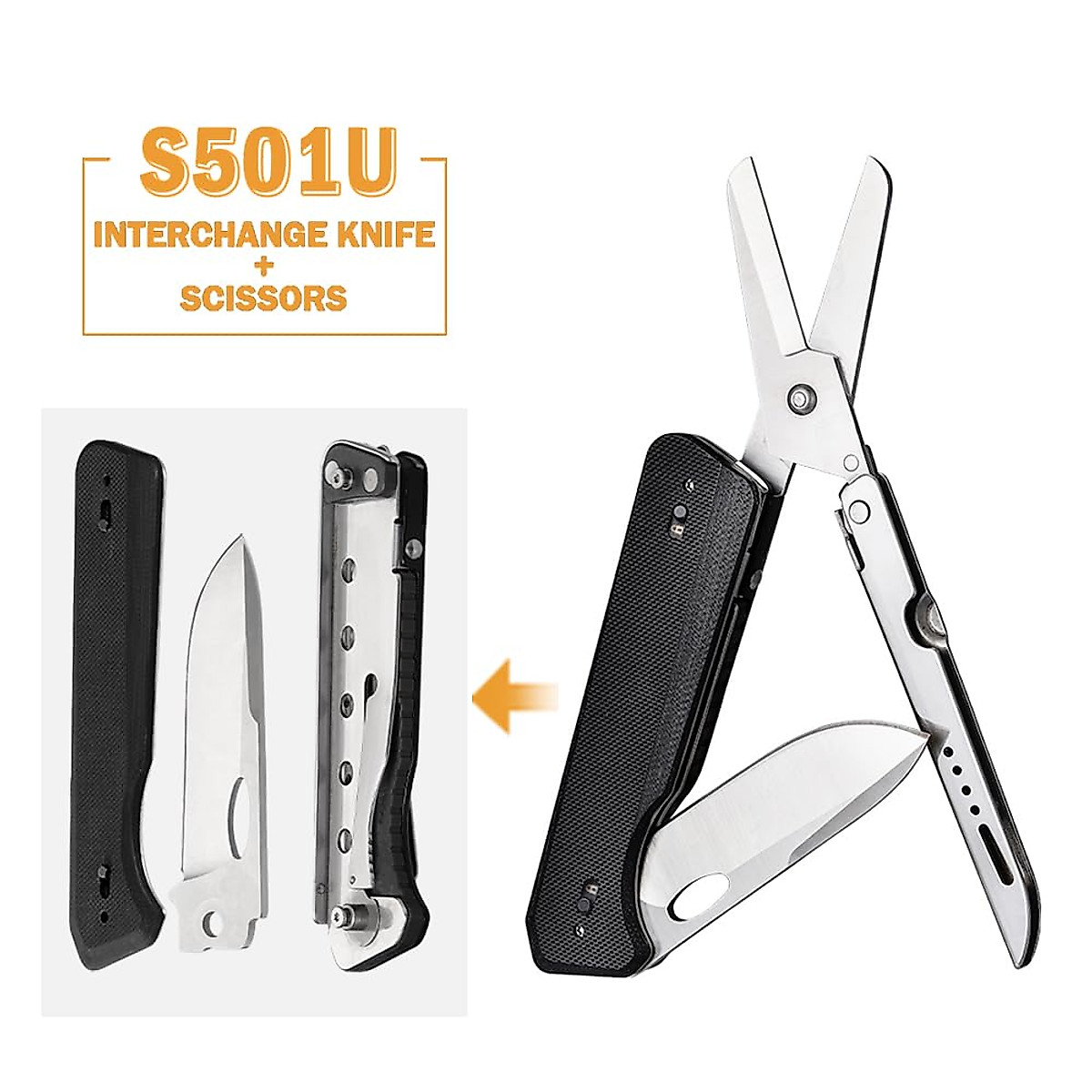 Roxon S501U Folding Pocket Scissors and replaceable Knife blade with belt clip, 2 in 1 Multi-tool for Outdoors, Camping, Hiking, Survival, Rescue, Hunting, Durable & Lightweight EDC