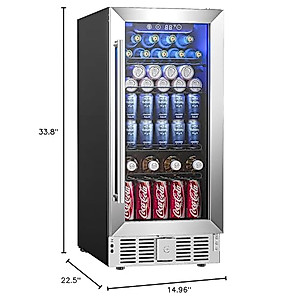 EUHOMY 15 Inch Beverage Refrigerator Cooler Under Counter 127 Cans Beverage Fridge Built-in or Freestanding with Glass Door, LED Light, Beer Fridge for Soda, Water, Wine - Home Kitchen Bar.
