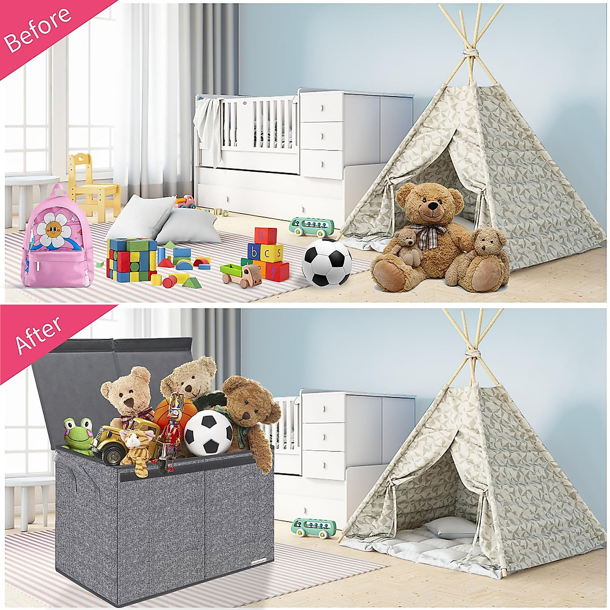 Friday Monkey Sturdy Large Toy Box Chest with Lids & Handles, Foldable Toys Storage Organizer Bin Basket for Boys, Girls, Kids, Playroom, Nursery, Utility Room, 25x13x16 inch, Light Grey, ZMGCWJX