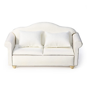 Dollhouse Couch Miniature Furniture Sofa with Pillows for Living Room Desktop Decoration Fabric Sofa Mini Home Scene Accessories Ornament (Double Sofa, White)