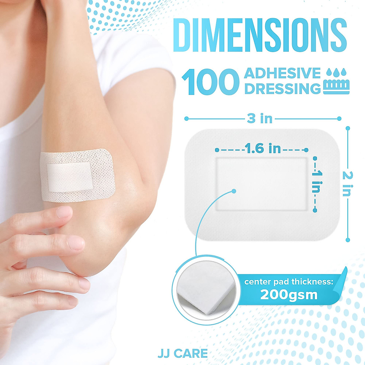 JJ CARE Adhesive Island Dressing [Pack of 100], 2x3 Sterile Bordered Gauze Dressing, Individually Wrapped Island Wound Dressing with Highly Absorbent Non-Stick Center Pad