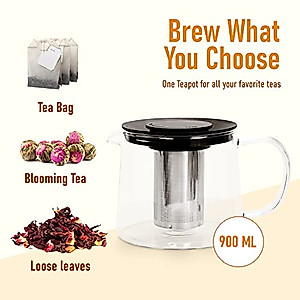 Glass Teapot with Tea Infuser - Stovetop Safe Clear Glass Teapot with Removable Strainer - Perfect for Blooming Tea, Loose Leaf and Other Herbal Teas