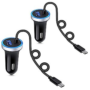 Fast Car Charger for Samsung Galaxy S23 S22 S21 S20 FE Note 20 S10 S9 S8 A14 A53 A13 A03S Z Fold 4 Z Flip4 A12 A32 A20 A51 A50, 2PC 3.4A USB C Car Adapter with Built-in 3ft Type C Fast Charging Cable