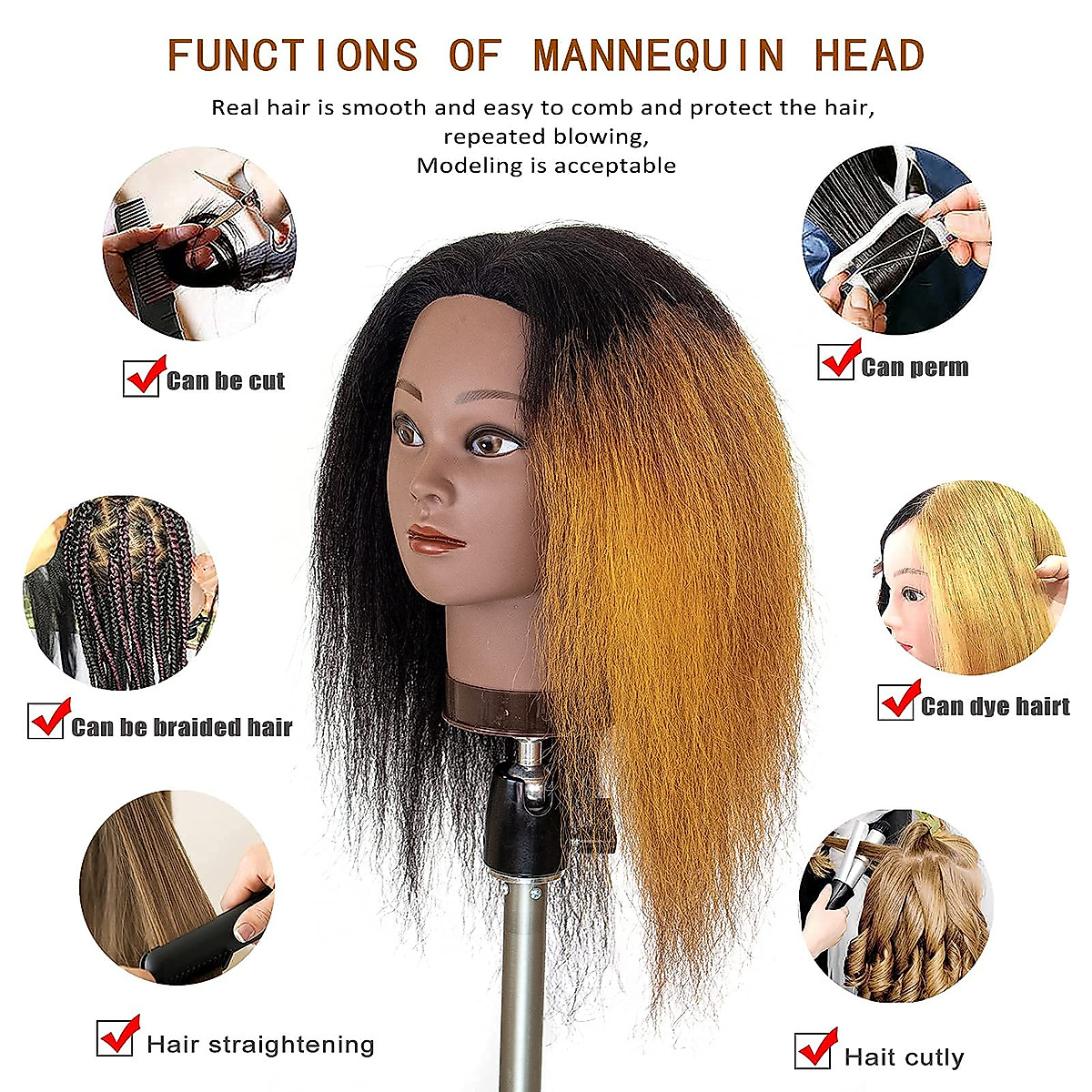 MILLYSHINE Mannequin Head With Human Hair,16",Braiding Styling Doll Head,Beauty School Manikin Head,Curling Dyeing Hairdresser Practice Training Head